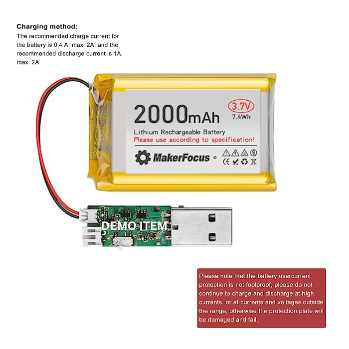 3.7V Lithium Rechargeable 1S 1C LiPo Battery with Micro JST 1.25 Plug ...